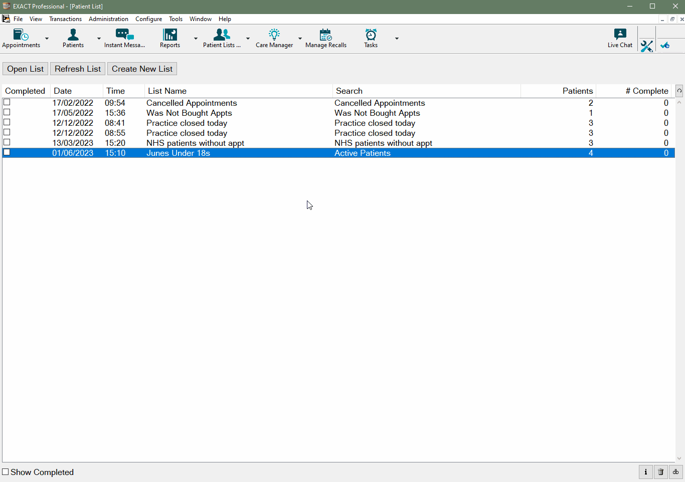 Viewing and Refreshing Patient Lists – EXACT Help Centre